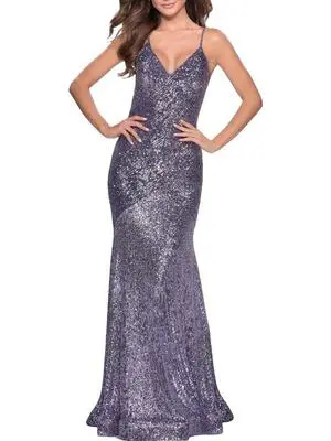LABOMME Sequin Drop Waist Gown With Criss Cross Open Back - Lavender