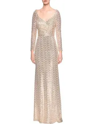 LABOMME Long Sleeve Sequined Gown - Light Gold