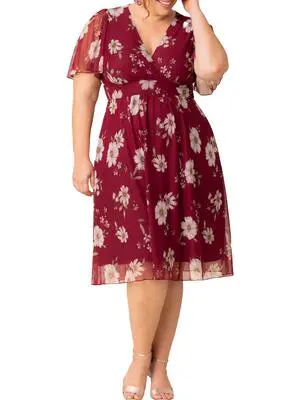 KIYONNA Margot Mesh Cocktail Dress - Raspberry Floral Print