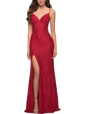 LABOMME Lace Long Gown With Slit And Sheer Sides - Red