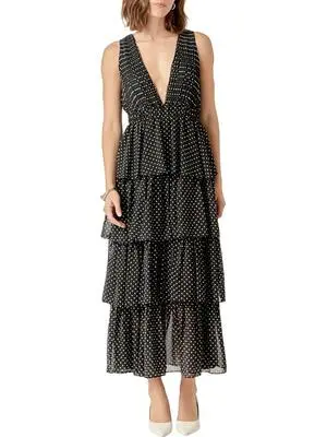 Endless Rose Sleeveless Polka Dot Tiered Maxi Dress - Black/ White