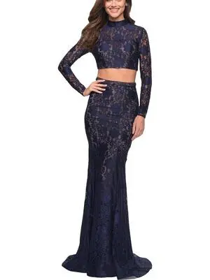 LABOMME Long Sleeve Two-piece Lace Gown With Open Back - Navy