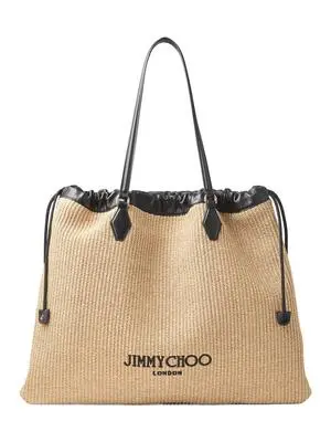 JIMMY CHOO Large Raffia Tote With Leather Details And Embossed Logo - Natural/black/light Gold