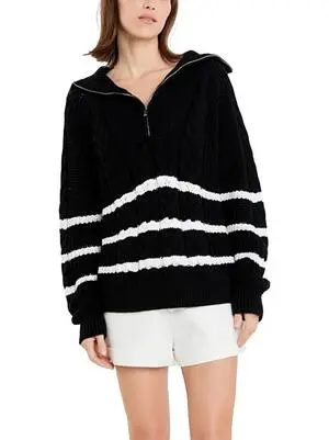 English Factory Stripe Zip-up Sweater - Black/white