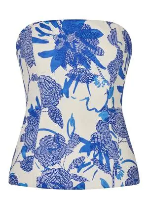 MILLY Brushwork Floral Linen Strapless Top - Blue