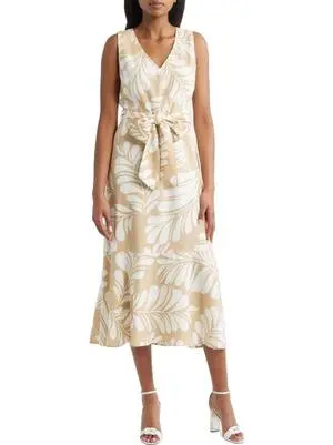 Anne Klein Leaf Print Sleeveless Midi Dress - Desert Tan/ Egret