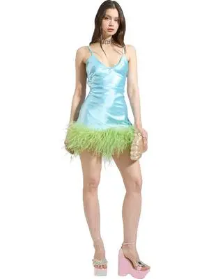 SPARKL Feather-Trimmed Silk Mini Dress Blue/green