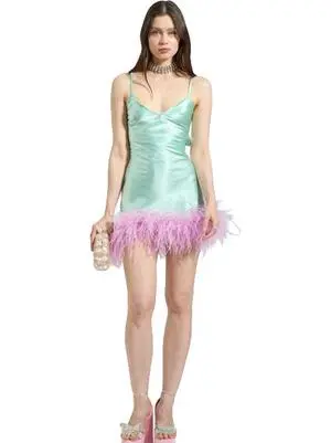SPARKL Feather-Trimmed Silk Mini Dress Mint/lavender