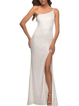 LABOMME Sequin One Shoulder Gown - White