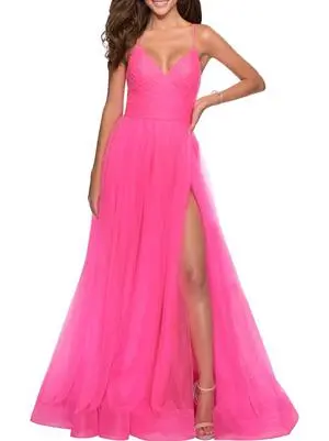 LABOMME Long Tulle A-Line Gown With Slit And Pockets Neon Pink