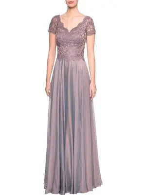 La Femme Long Chiffon Dress With Lace Bodice And Pockets - Cocoa