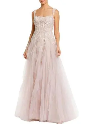 Mac Duggal Thin Strap Bustier Tulle Gown With Ruffle Skirt - Porcelain Multi