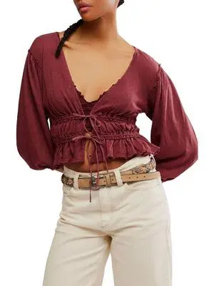Free People Linen And Cotton Tie-front Top - Red Bark