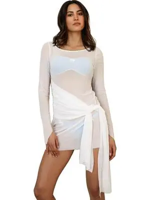 DIPPIN DAISY'S Long Sleeve Mesh Mini Dress With Belt - Cloud Dancer