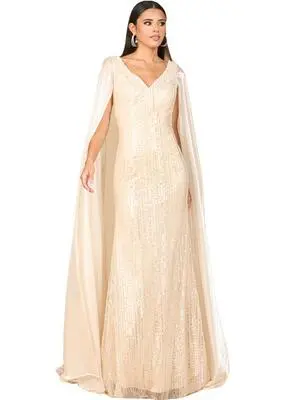 LARA NEW YORK Beaded V-neck Gown With Cape Sleeves - Champagne