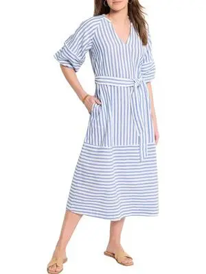 NIC+ZOE Mixed Stripe Belted Double Gauze Midi Dress - Blue Multi