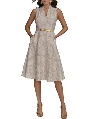 Donna Karan New York Floral Sleeveless Flare Dress - Sand/ Cream