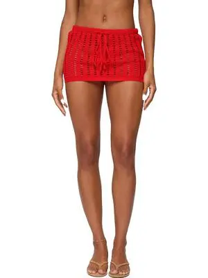 EDIKTED Open Stitch Drawstring Miniskirt - Red