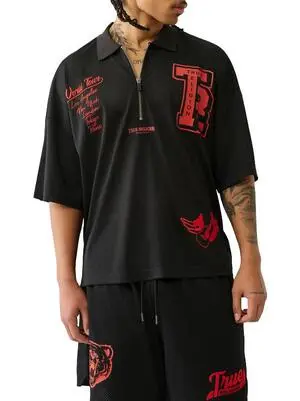 True Religion Mesh Graphic Quarter Zip Polo - Jet Black