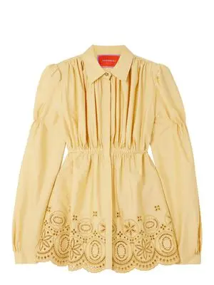 La DoubleJ Franca Gathered Broderie Anglaise Cotton-blend Sateen Shirt - Yellow