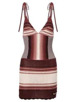 Attico Crochet Striped Cotton Minidress - Brown