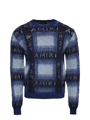 Amiri Brushed Mohair Plaid Crew - Blue