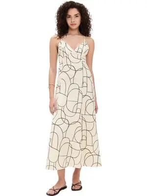 HEVRON Wyeth Geometric Print Linen Midi Dress - Brown Geo Print