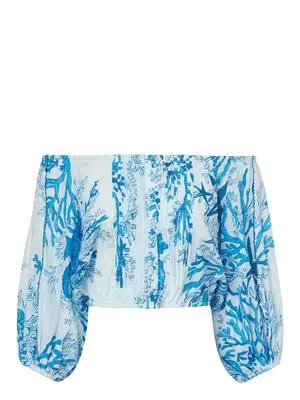 Poupette St Barth Printed Off-shoulder Cotton Top - Blue
