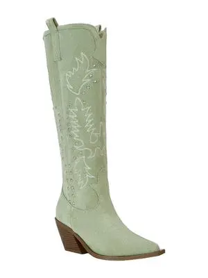 AZALEA WANG Beckett Pointed Toe Knee High Western Boot Mint
