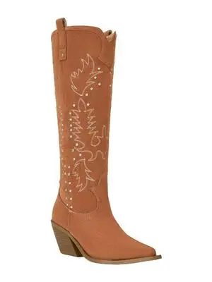 AZALEA WANG Beckett Pointed Toe Knee High Western Boot - Tan