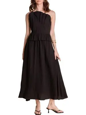 English Factory Pleated Ruffle Strapless Maxi Dress - Black