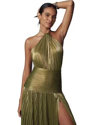 Retrofete Thalia Pleated Metallic Halter Maxi Dress - Metallic Peridot
