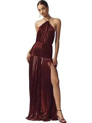 Retrofete Thalia Pleated Metallic Halter Maxi Dress - Port