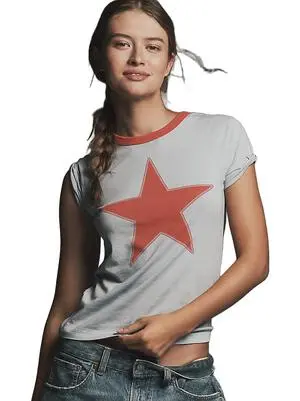 LETLUV Star Short-Sleeve Ringer Crew-Neck T-Shirt Baby Blue / Red Star