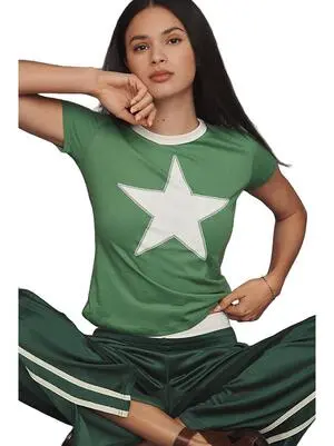 LETLUV Star Short-Sleeve Ringer Crew-Neck T-Shirt Dark Green
