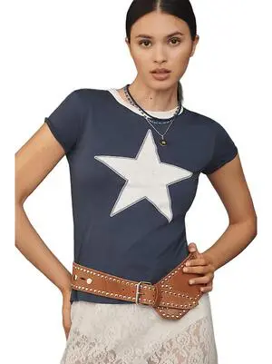 LETLUV Star Short-Sleeve Ringer Crew-Neck T-Shirt Navy