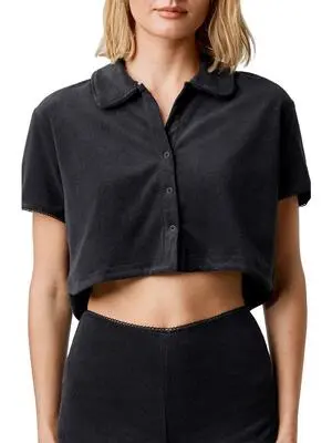 FLORENCE BY MILLS Terry Cloth Crop Snap-up Shirt - Black