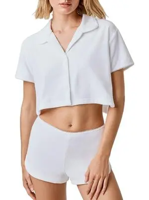 FLORENCE BY MILLS Terry Cloth Crop Snap-up Shirt - Bright White