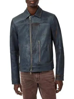 John Varvatos Otis Distressed Leather Moto Jacket - Lake Blue