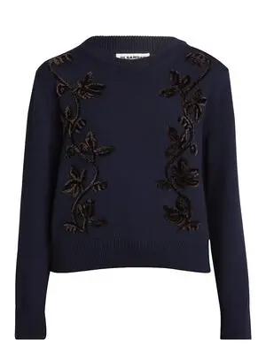 JIL SANDER Floral Embroidered Merino Wool Sweater - Navy