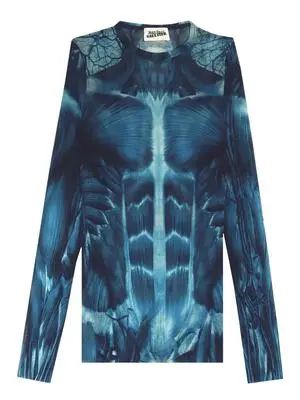 Jean Paul Gaultier Ecorche Mesh Printed Long-sleeve Top - Blue