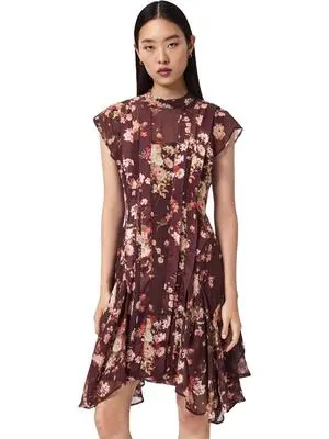 ALLSAINTS Fleur Asymmetric Floral Dress - Armada Wine Red