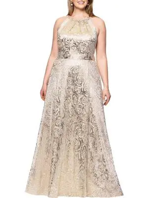 Betsy & Adam Crinkle Foil Sleeveless Gown - Champagne/ Gold