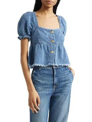 GANNI Metallic Denim Top - Mid Blue Stone