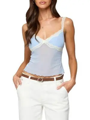 EDIKTED Lace Trim Mesh Camisole - Light-blue