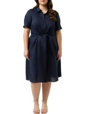 ESTELLE Tie Waist Shirtdress - Navy