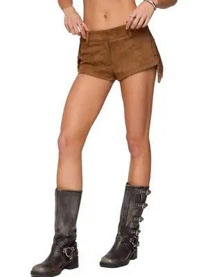 EDIKTED Low Rise Faux Suede Microshorts - Brown