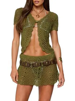 EDIKTED Mabelle Crochet Crop Cardigan - Olive