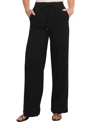 PETAL & PUP Tie Waist Wide Leg Crepe Pants - Black