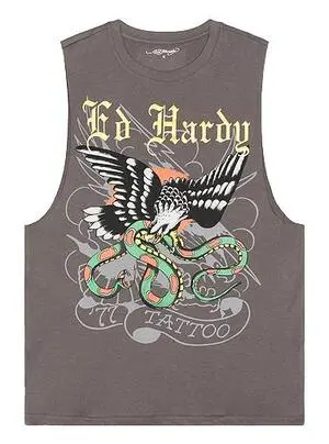 Ed Hardy Eagle Snake Cutoff Tee In Grey - Vintage Grey